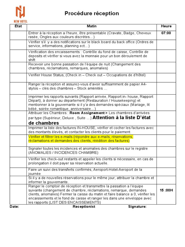 Procedure Reception All Shifts | PDF