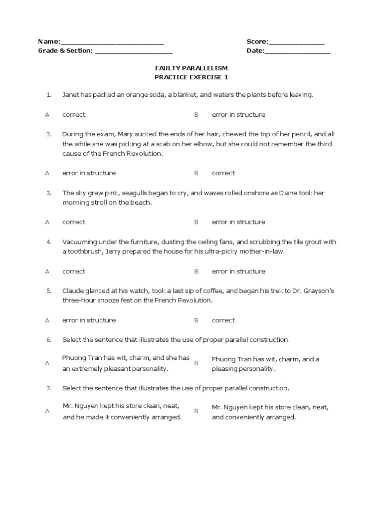 Analyzing Parallel Structure in Sentences: A Practice Exercise | PDF