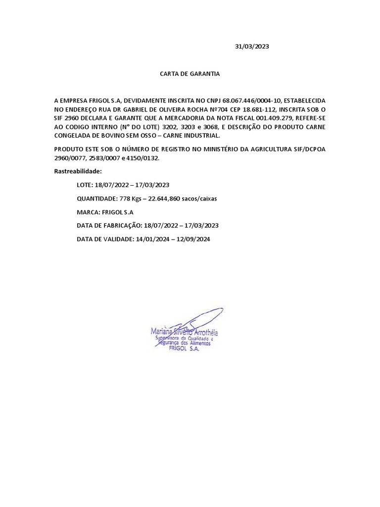 Carta de Garantia Modelo Bovmeat | PDF