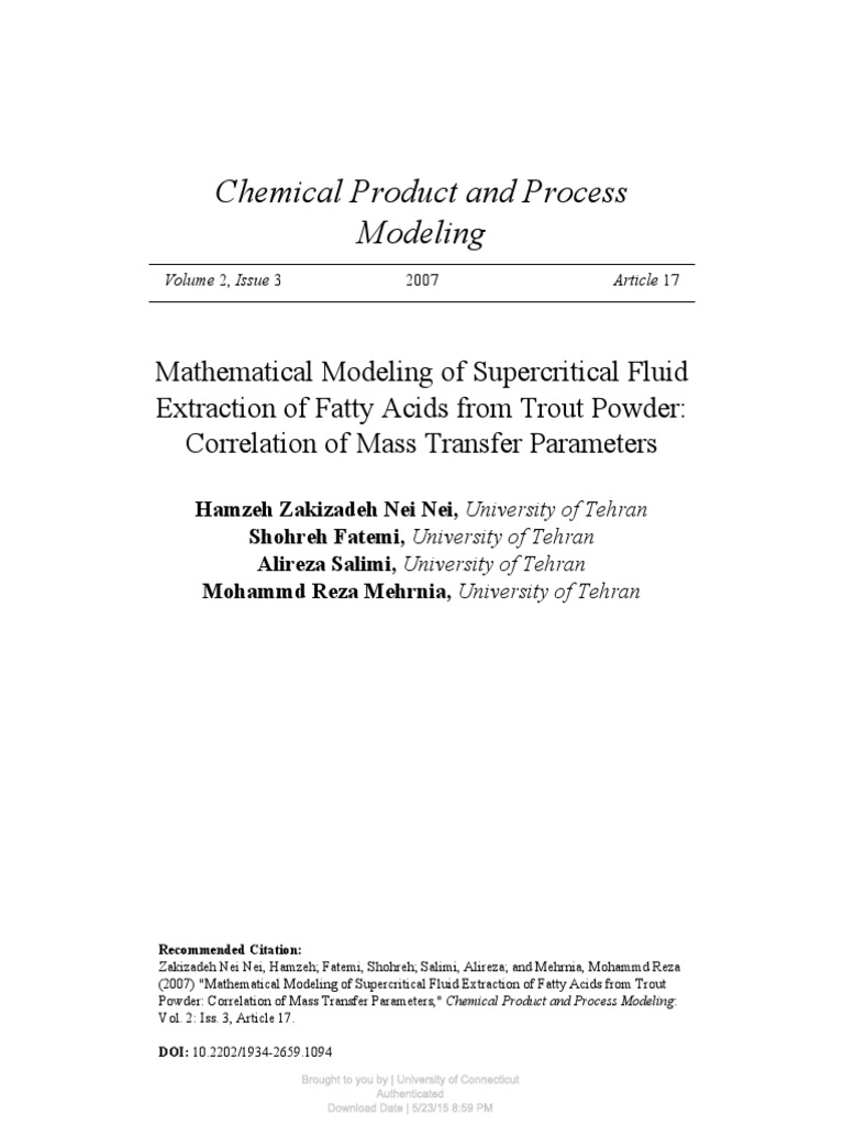Mathematical Modeling of Supercritical Fluid Extraction of Fatty Acids From Trout Powder | PDF ...