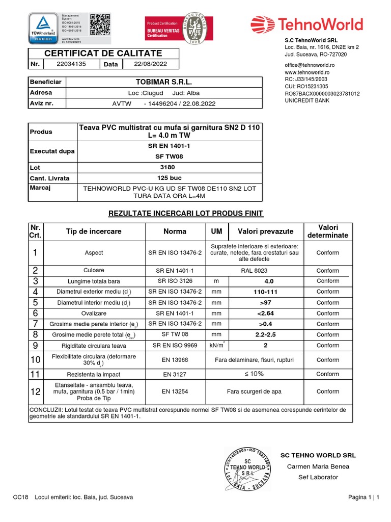 Certificat de Calitate Tobimar | PDF
