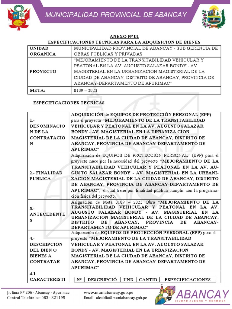 Especificaciones Epp Personal Obrero | PDF | Materiales