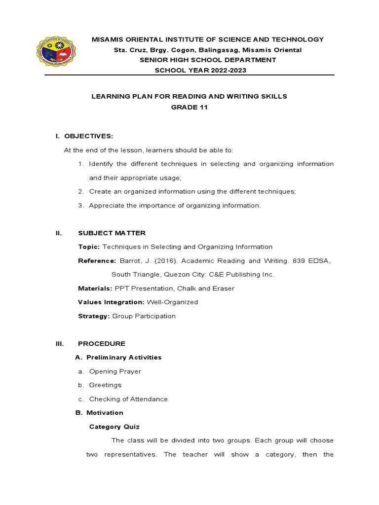 LP For Reading and Writing Skills | PDF | Information | Plot (Narrative)