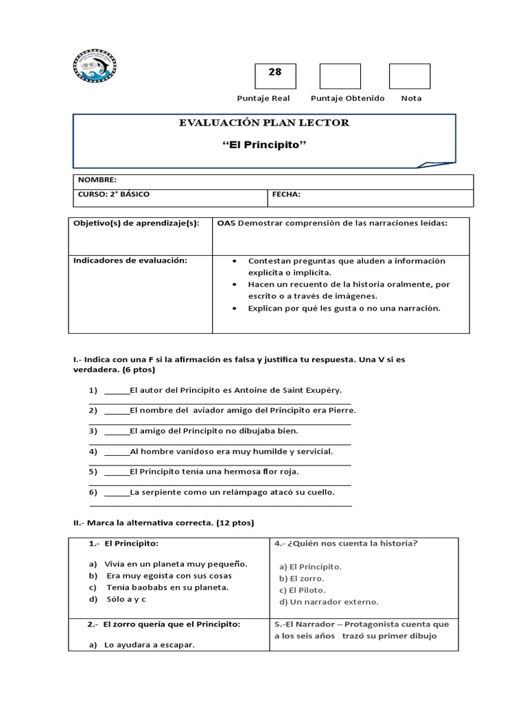 Prueba de Plan Lector El Principito | PDF | El Principito