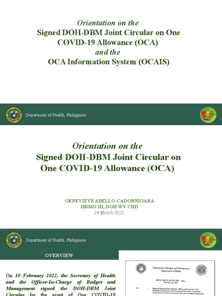 Signed DOH-DBM Joint Circular On One COVID-19 Allowance (OCA) OCA ...