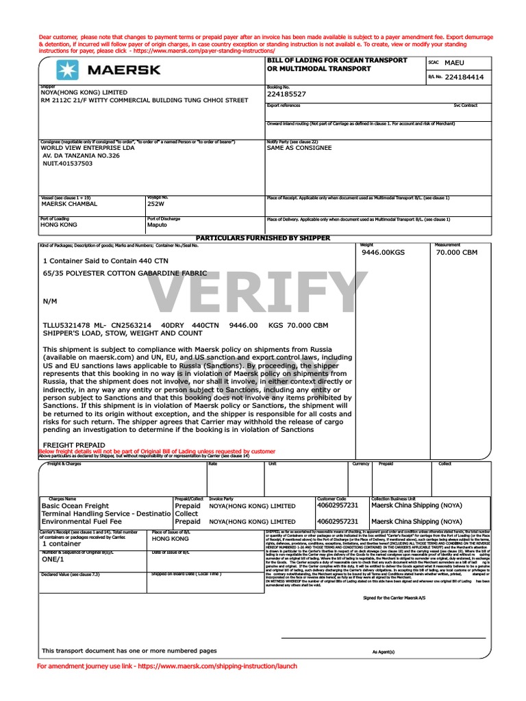 Copy Verify: Bill OF Lading FOR Ocean Transport or Multimodal Transport ...