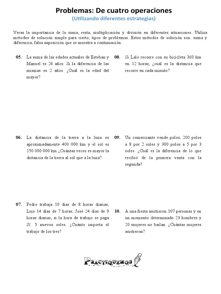 Problemas de Cuatro Operaciones para Sexto de Primaria | PDF