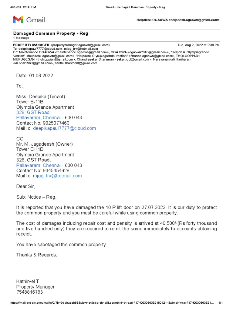 Damaged Common Property - Reg: 328, GST Road, Pallavaram, Chennai | PDF