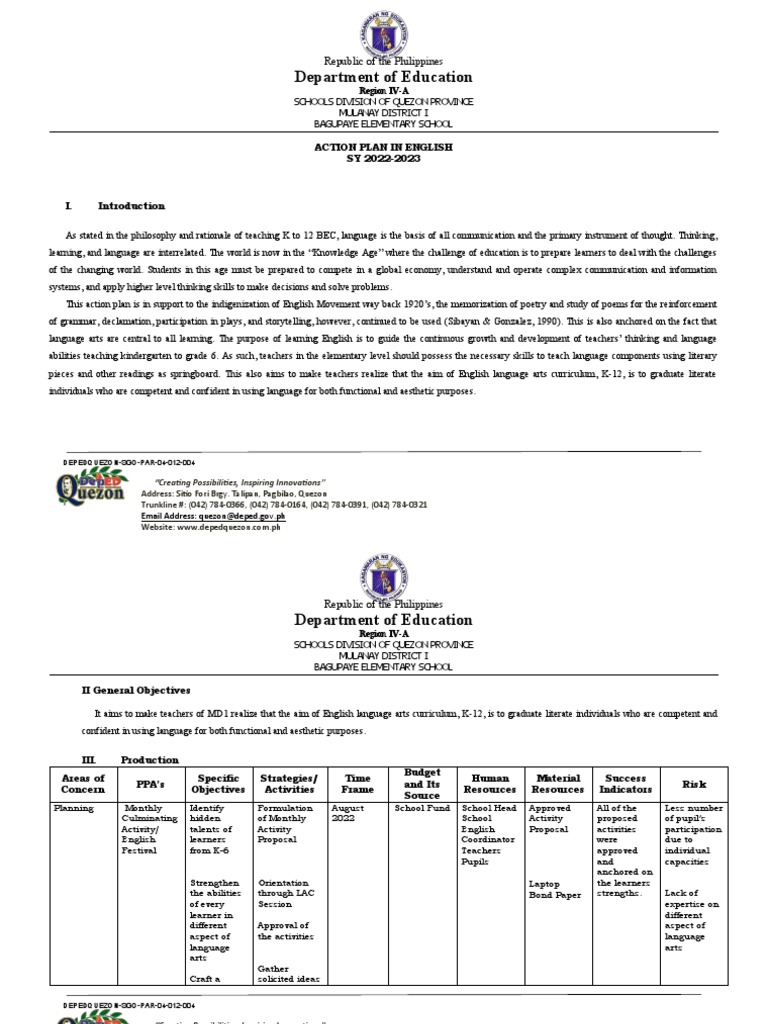 Action Plan English | PDF | Teachers | Cognition