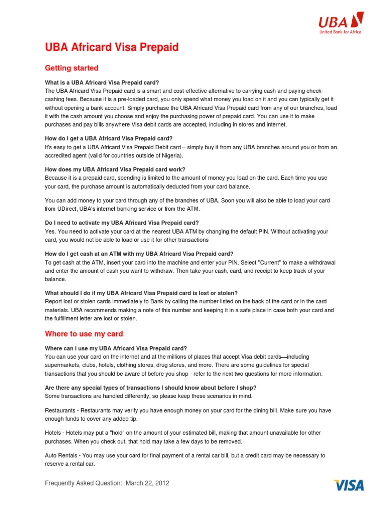 UBA Africard Visa Prepaid FAQ Guide | PDF | Debit Card | Visa Inc.