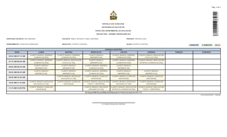 Horario de Clases 4to Grado Sección 1 - 2023 | PDF