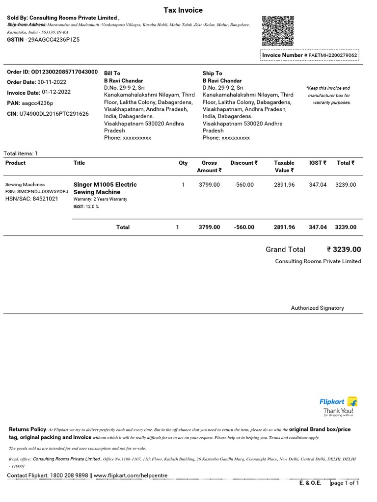Invoice for Singer M1005 Sewing Machine | PDF | Government Finances ...