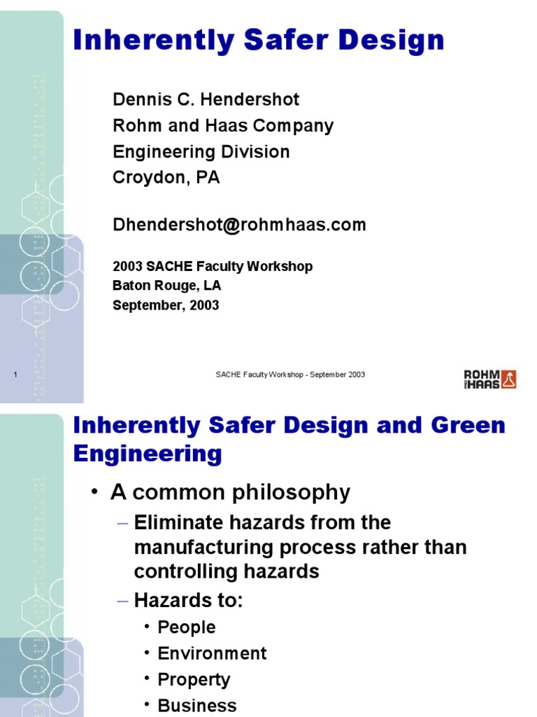 Dennis Hendershot SACHE Inherently Safer Design | PDF | Green Chemistry ...