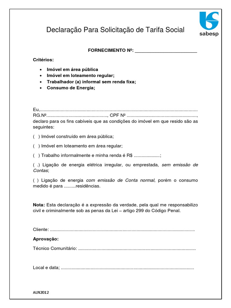 Anexo 02 - Declaração - Tarifa Social | PDF