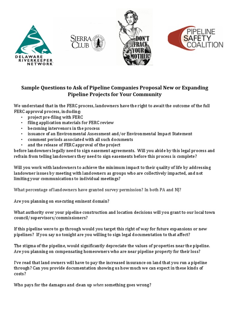 Sample Questions To Ask of Pipeline Companies Proposal New or Expanding Pipeline Projects For ...