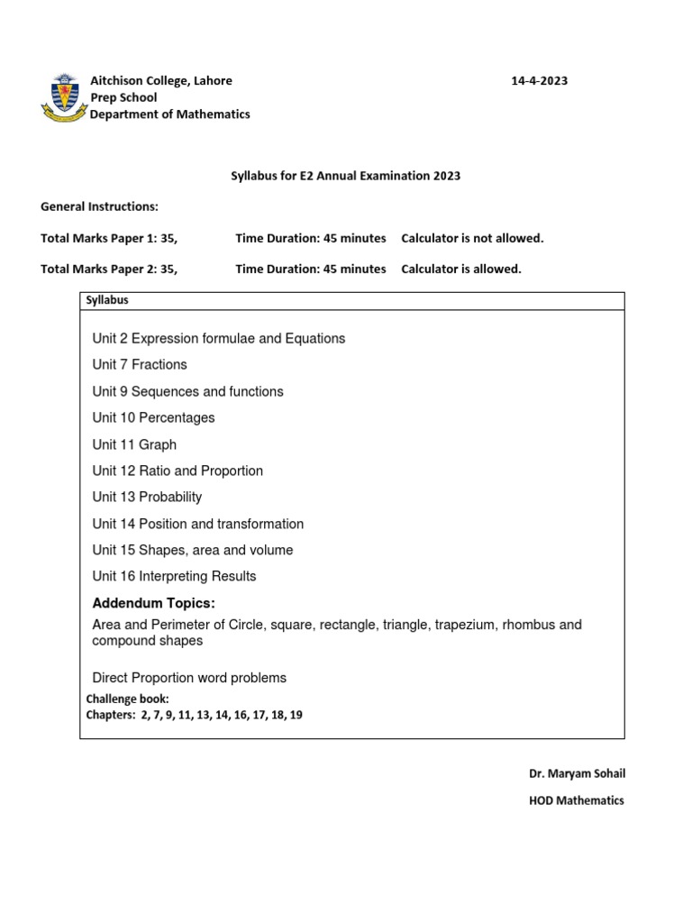 Aitchison College E2 Math Exam Syllabus | PDF