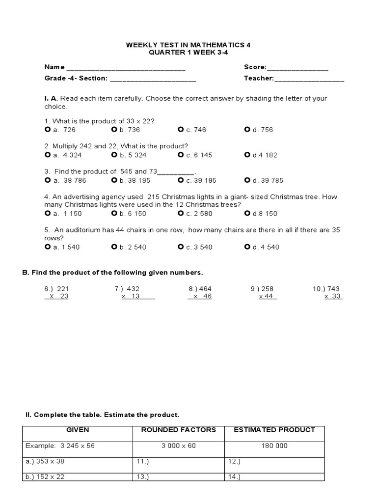 Q1-Math-Weekly Test-W3-4 | PDF | Teaching Methods & Materials