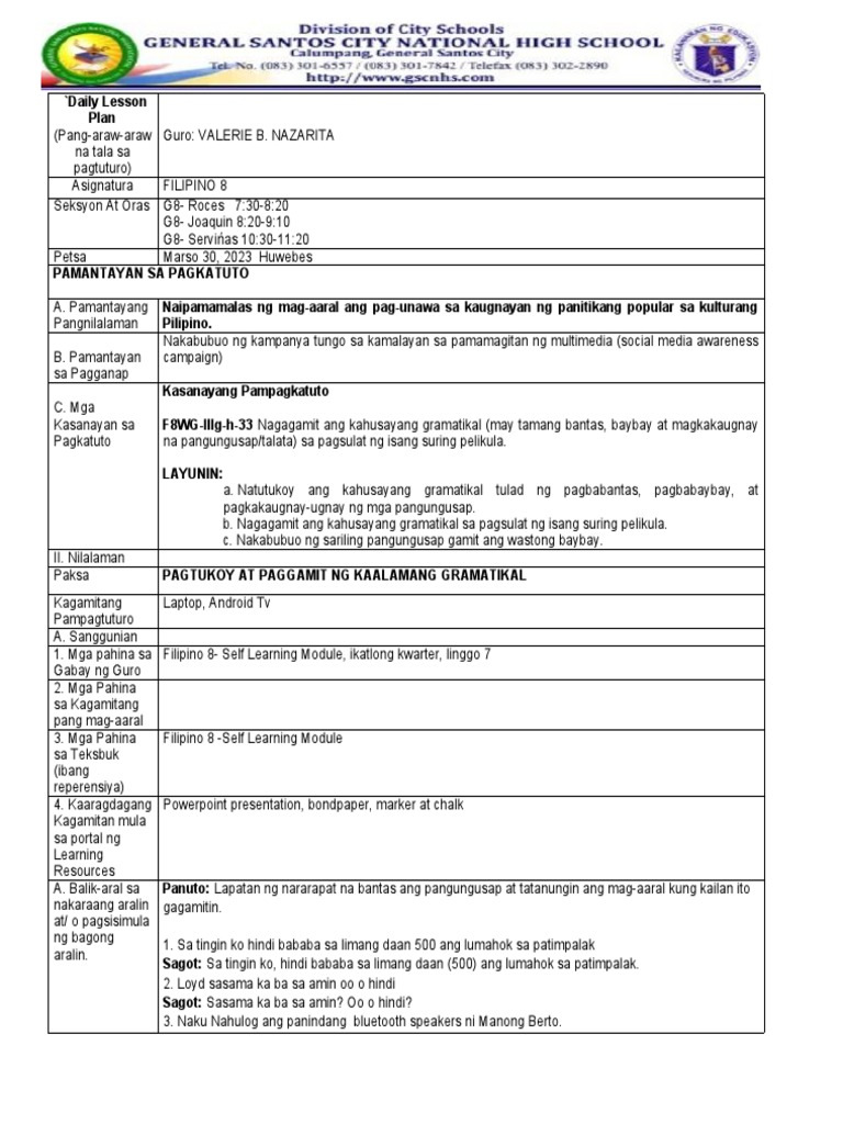 Filipino 8 Lesson Plan | PDF