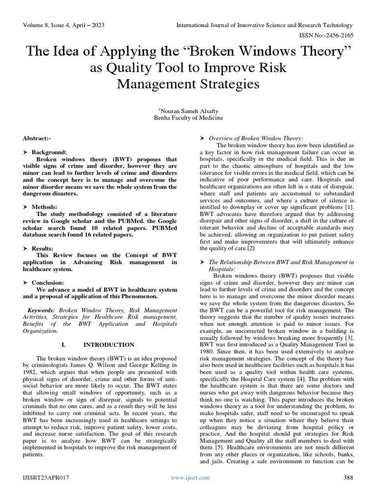 Applying Broken Windows Theory in Healthcare | PDF | Risk Management | Risk