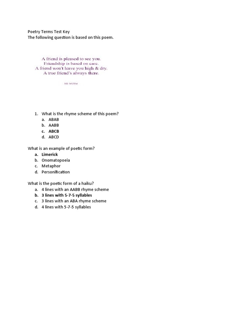 Poetry Terms Test Key | PDF