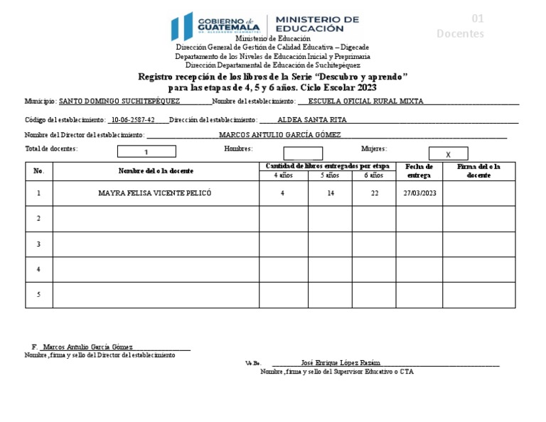 Formato Entrega Libros de Preprimaria A Docentes 2023 | PDF