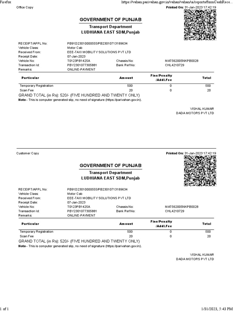 Punjab Motor Cab Registration Receipt | PDF
