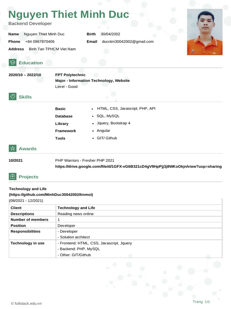 CV Nguyen Thiet Minh Duc Backend Developer | PDF