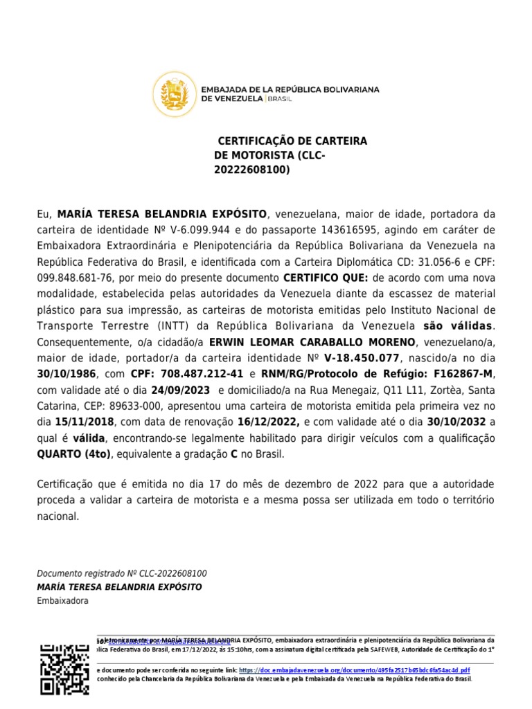 carta consular caraballo | PDF | Carteira de Motorista | Governo e ...