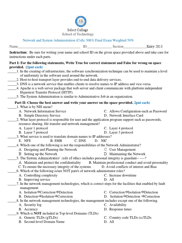 Network and System Administration (Cosc 3063) Final Exam Weighted 50% | PDF