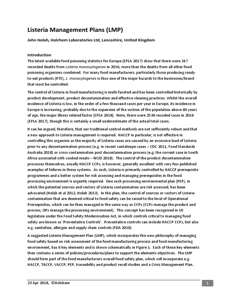 Listeria Management Plan John Holah 2018 v2 | PDF