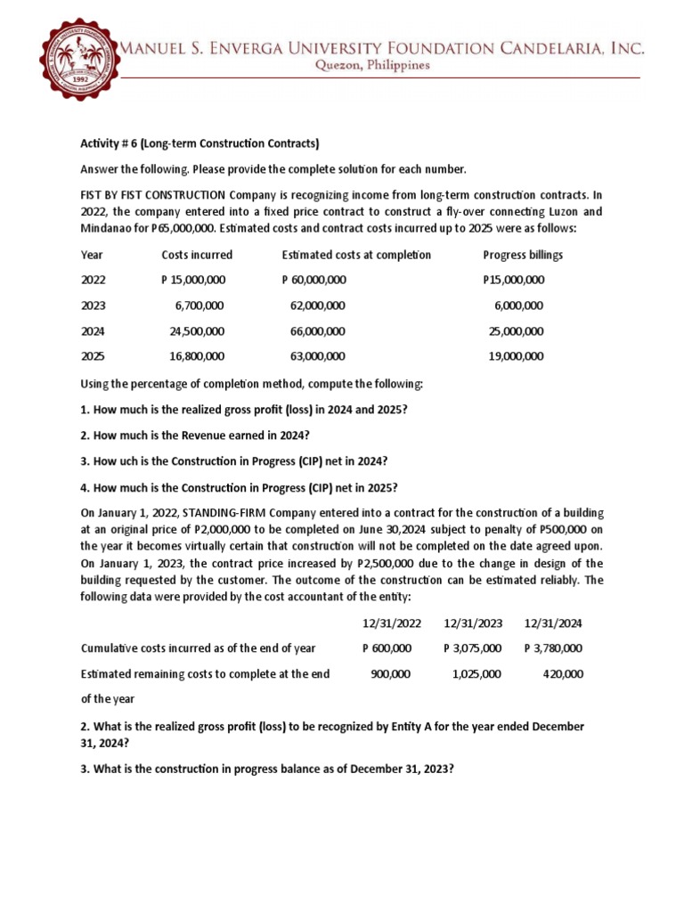 Activity 6 - Long-Term Construction Contracts | PDF | Business Economics | Business