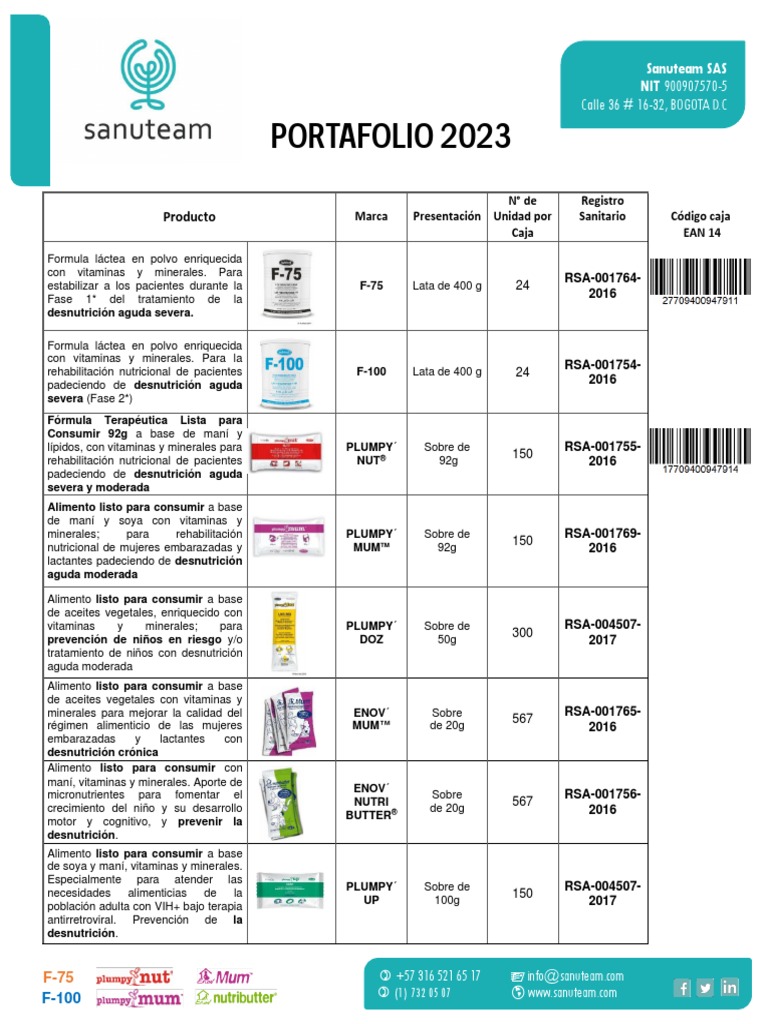 Portafolio & Condiciones Generales de Ventas Sanuteam 2023 | PDF | Alimentos | Desnutrición