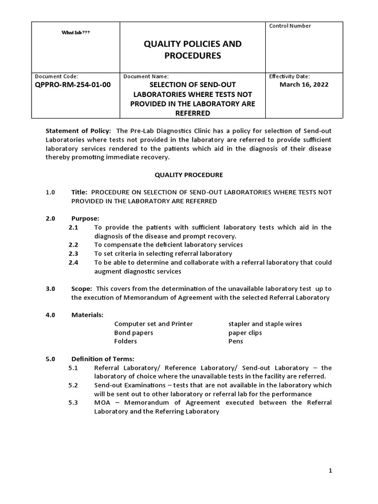 Sample QPPRO SEND OUT LAB SELECTION | PDF