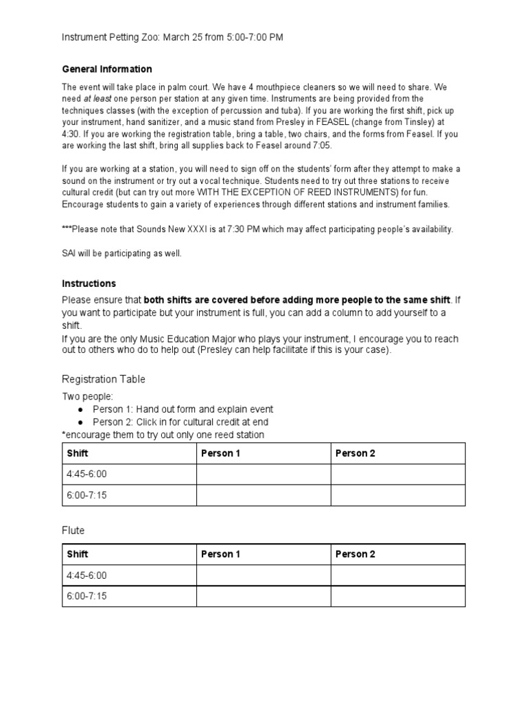 Instrument Petting Zoo Sign Up | PDF