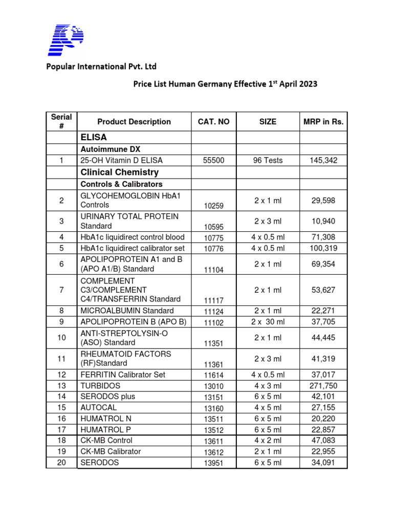 Human Price List 1st April 2023 | PDF | Cholesterol | Glycated Hemoglobin