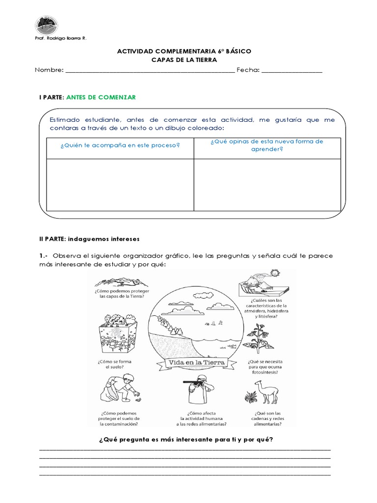 Actividad Complementaria 6° Básico - Capas de La Tierra 1 | PDF