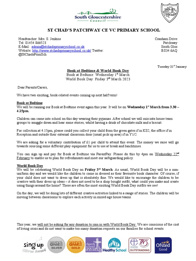 ST Chad'S Patchway Ce VC Primary School: Book at Bedtime & World Book Day | PDF