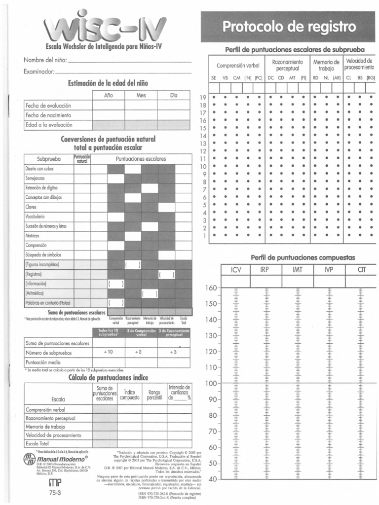 Perfil: Escala Wechsler de Inteligencia para Niños-IV de Puntuaciones ...