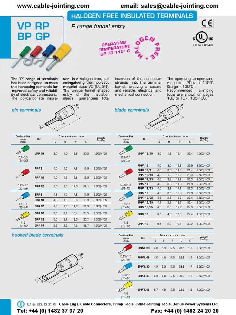 Cembre Insulated Cable Crimp Terminals Halogen Free VP RP BP GP | PDF ...