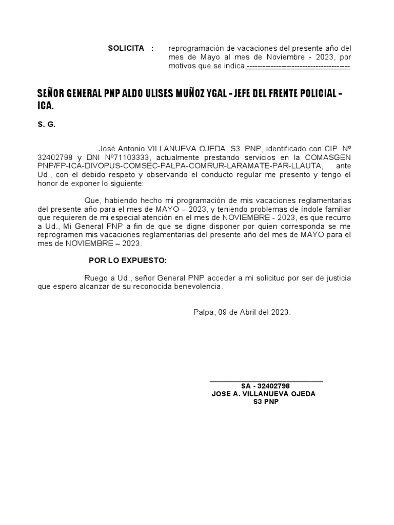 Solicitud de Reprogramacion de Vacaciones | PDF