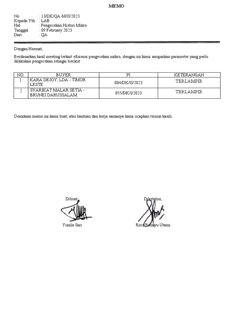 Memo Pengecekan Kara Dejoy Pi 048 Dan Malar 055 | PDF