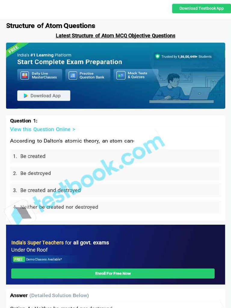MCQ On Structure of Atom 5eea6a0c39140f30f369dfff | PDF