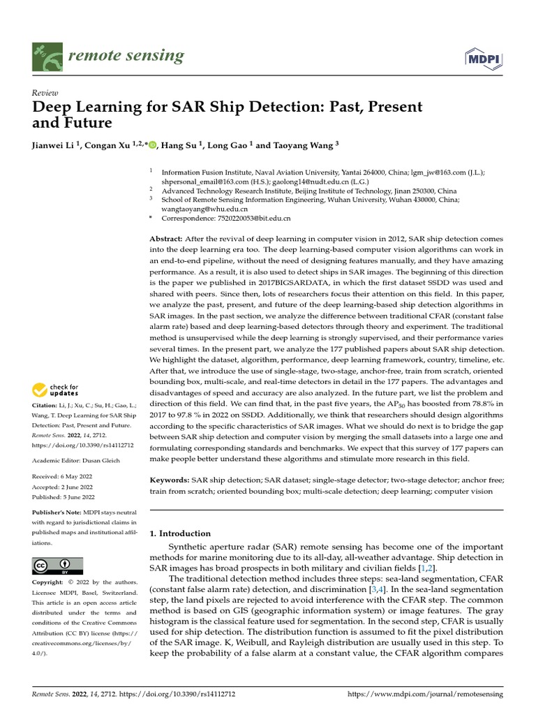 Remote Sensing: Deep Learning For SAR Ship Detection: Past, Present and Future | PDF | Deep ...