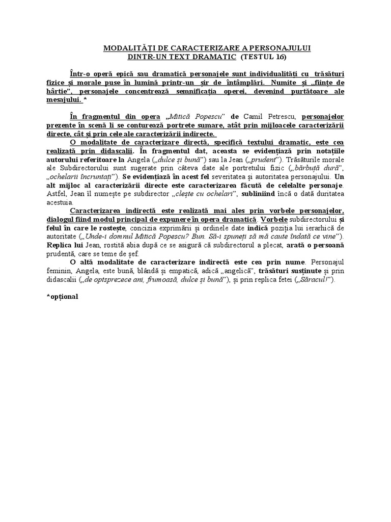 Modalități de Caracterizare A Personajului - Text Dramatic - Testul 16 ...