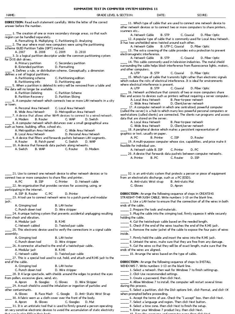 Css Summative Test Pdf Computer Network Local Area Network