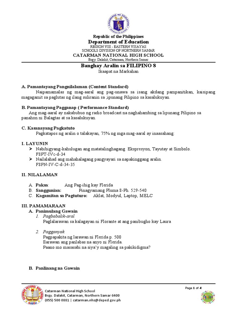 Banghay Aralin Sa FILIPINO 8 | PDF