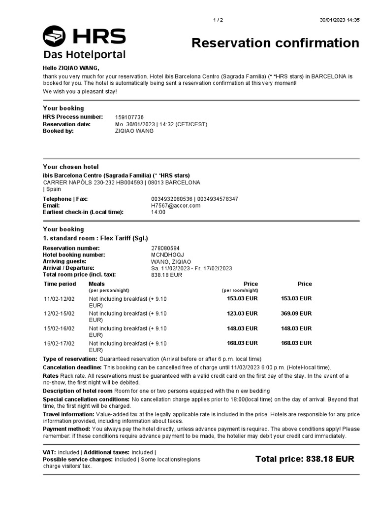 Reservation Confirmation: Your Booking | PDF | Payments | Value Added Tax