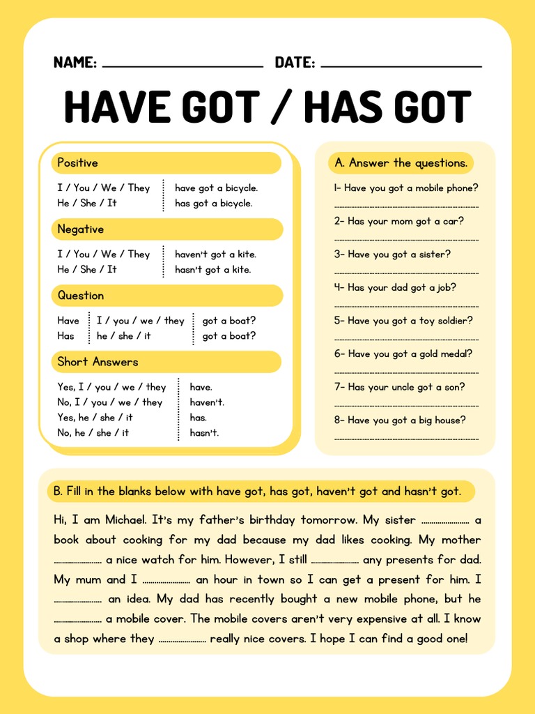 Have Got Has Got (Possession) Grammar Worksheet | PDF Have Got Has Got (Possession) Grammar Worksheet | PDF