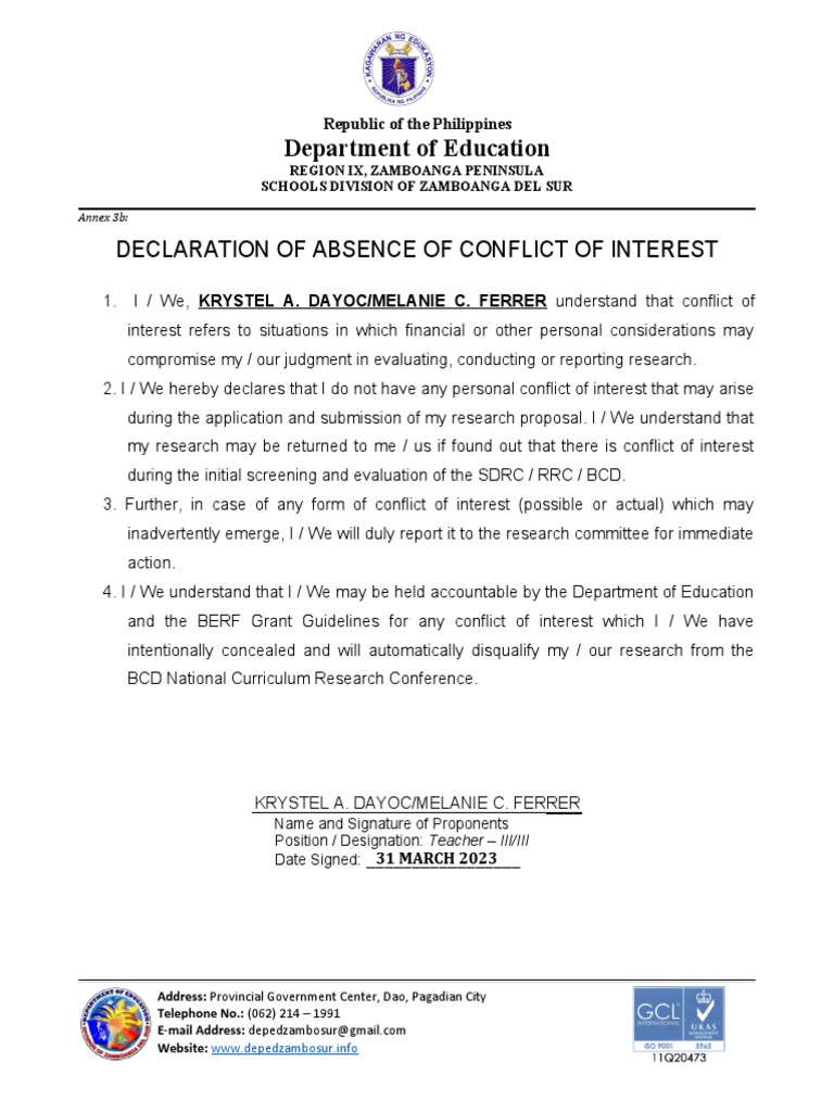 Declaration of Absence of Conflict of Interests | PDF