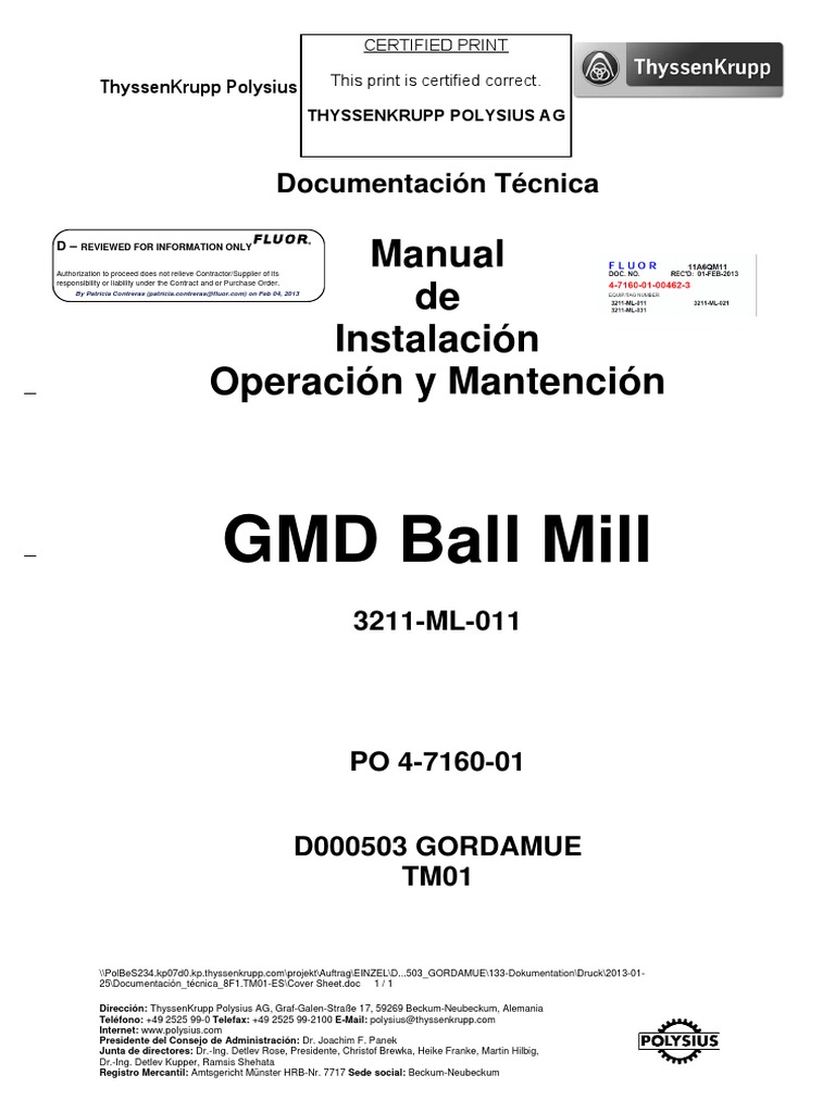 GMD Ball Mill: Manual de Instalación Operación y Mantención | PDF ...